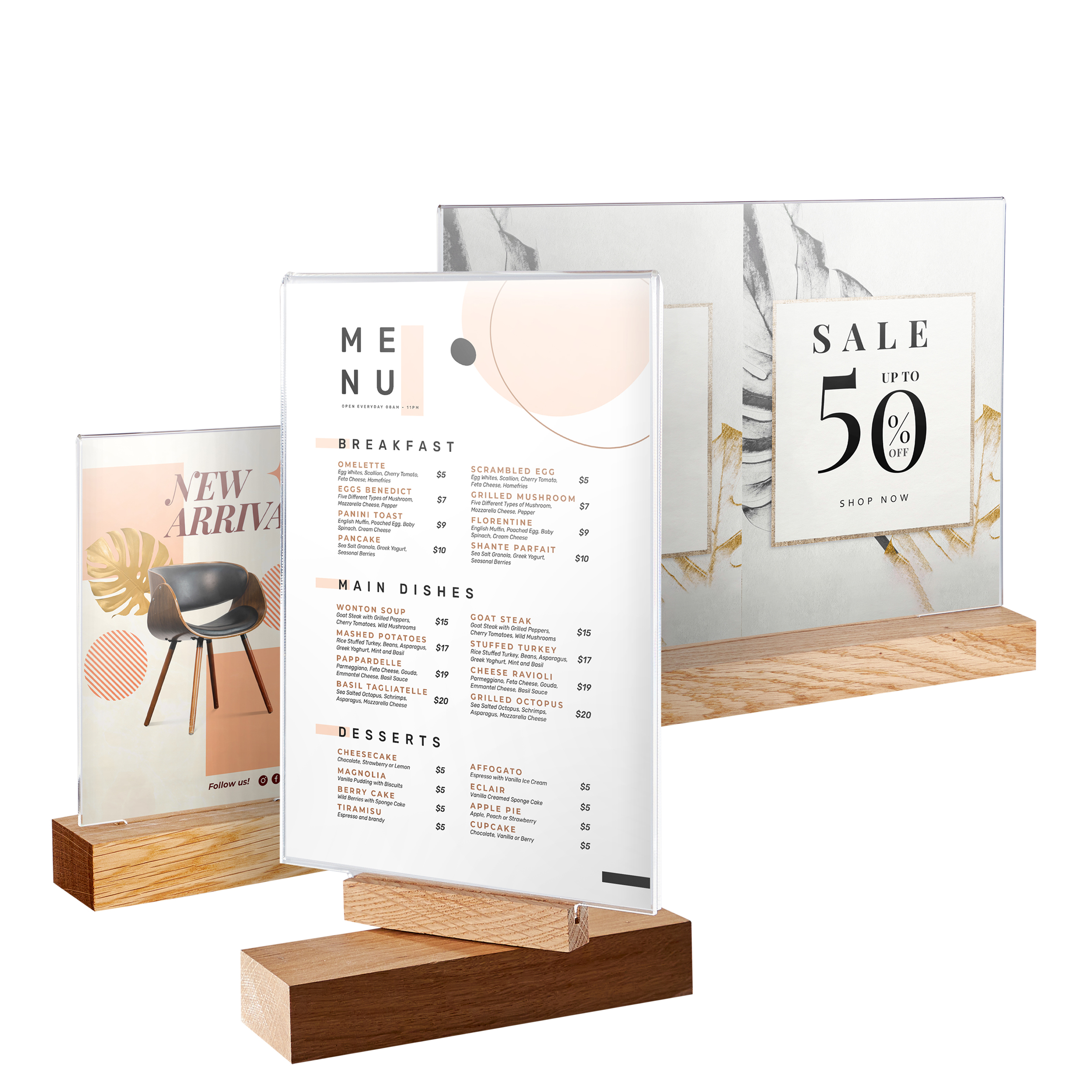 Oak | A4 | Portrait Acrylic sign holder with wood base | SPRINTIS